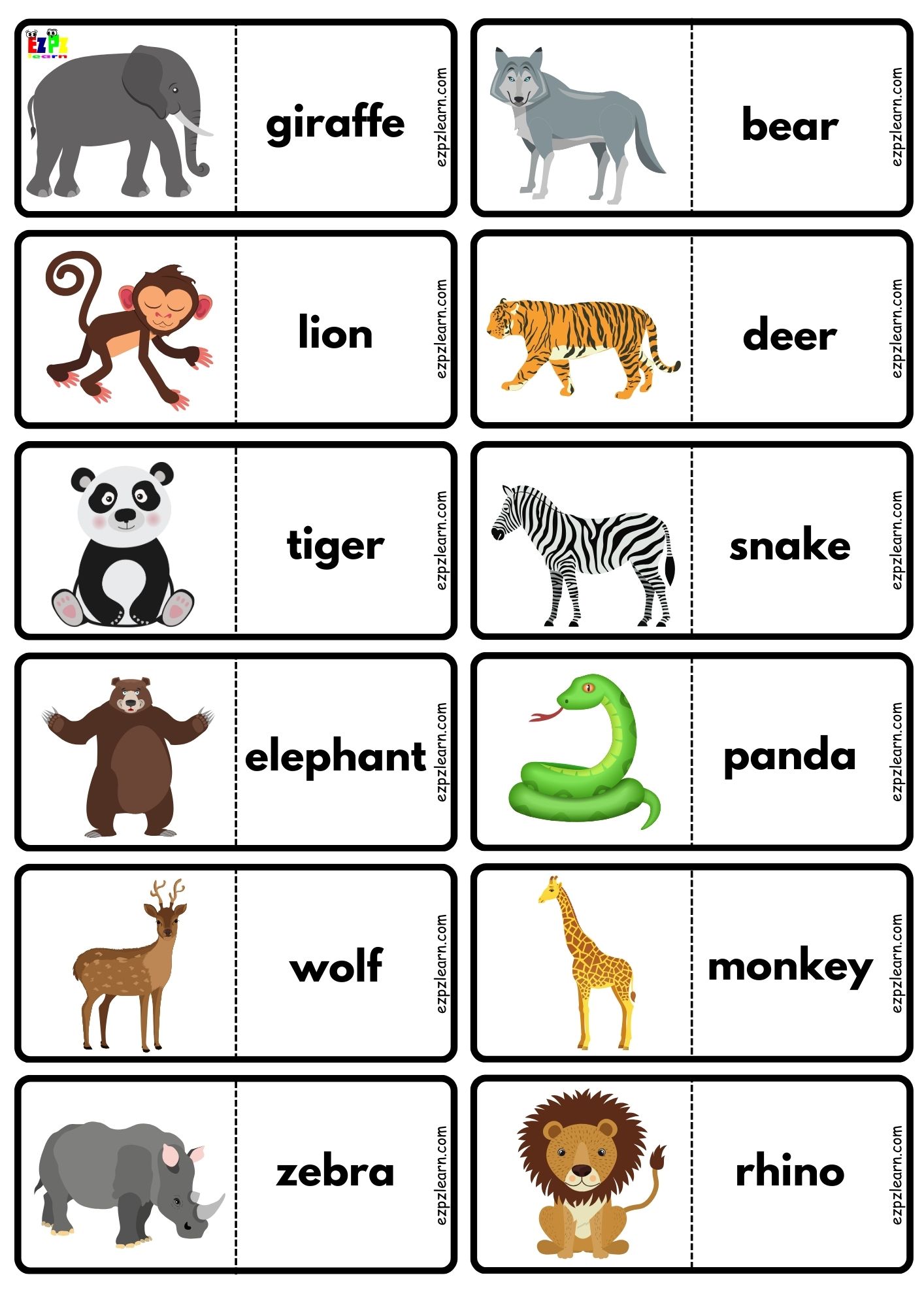 Wild Animals Vocabulary Dominoes Matching Game For Kids And English